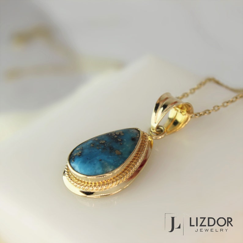 Genuine Turquoise Necklace 14k Solid Gold Raw Teardrop Etsy
