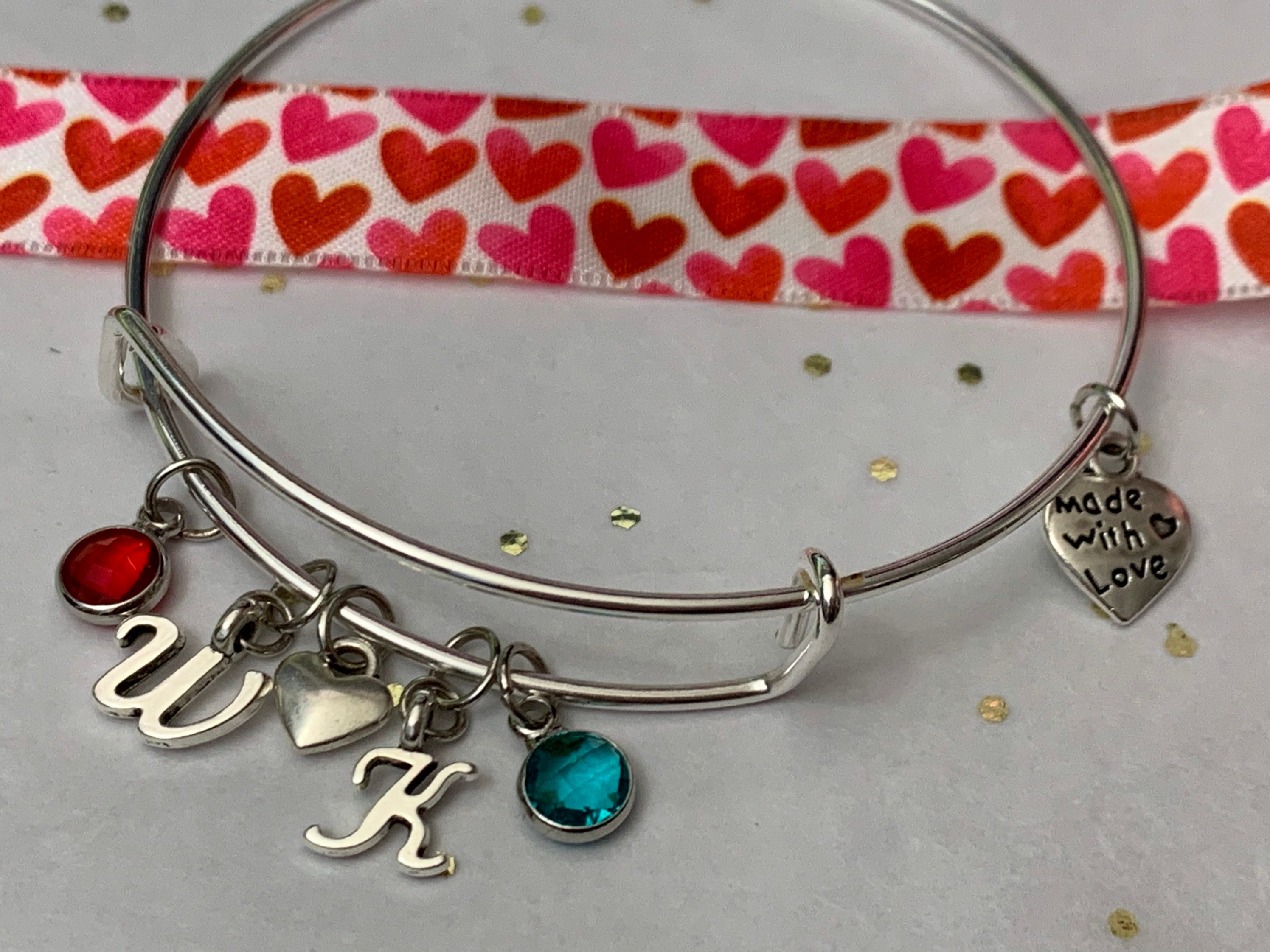 Initials Bangle Bracelet With Heart Charm and Birthstone - Etsy UK