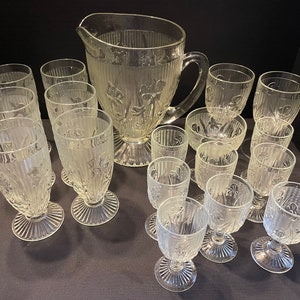 Vintage Jeanette Depression Glass Iris & Herringbone Pitcher and Glasses - Etsy