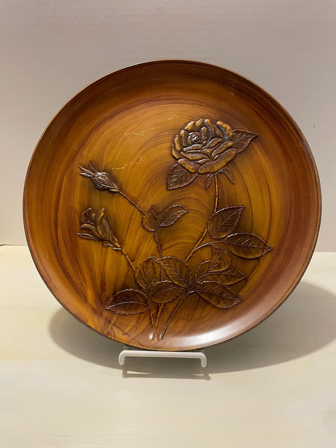 Vintage Plastic Faux Wood Round Embossed Tray - Etsy