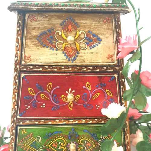 Indian Wooden Bohemian Box Jewellery 3 Chest Drawers Storage - Etsy UK