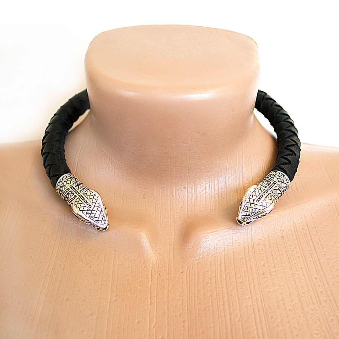 Black Leather Viking Torc, Black Braided Leather Snake Choker, Celtic ...