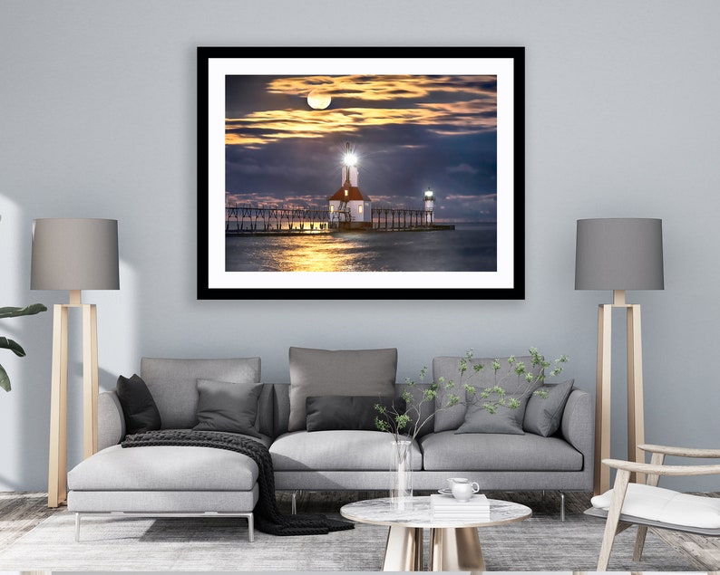 Full Moon St. Joseph Lighthouse Tiscornia Beach Lake Michigan Fine Art ...