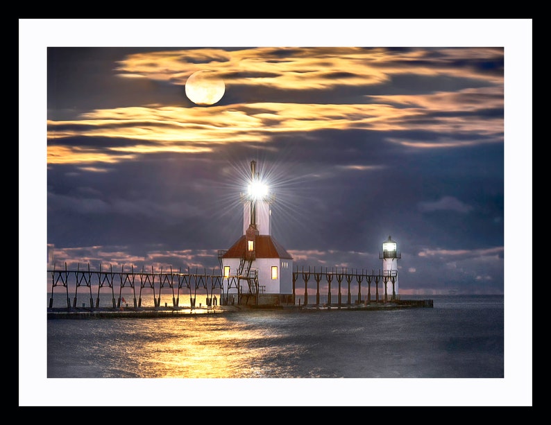 Full Moon St. Joseph Lighthouse Tiscornia Beach Lake Michigan Fine Art ...