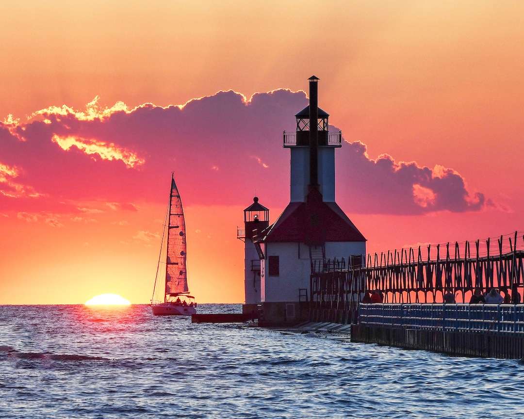St. Joseph, Michigan Lighthouse Sunset Sailboat Photography, Tiscornia ...