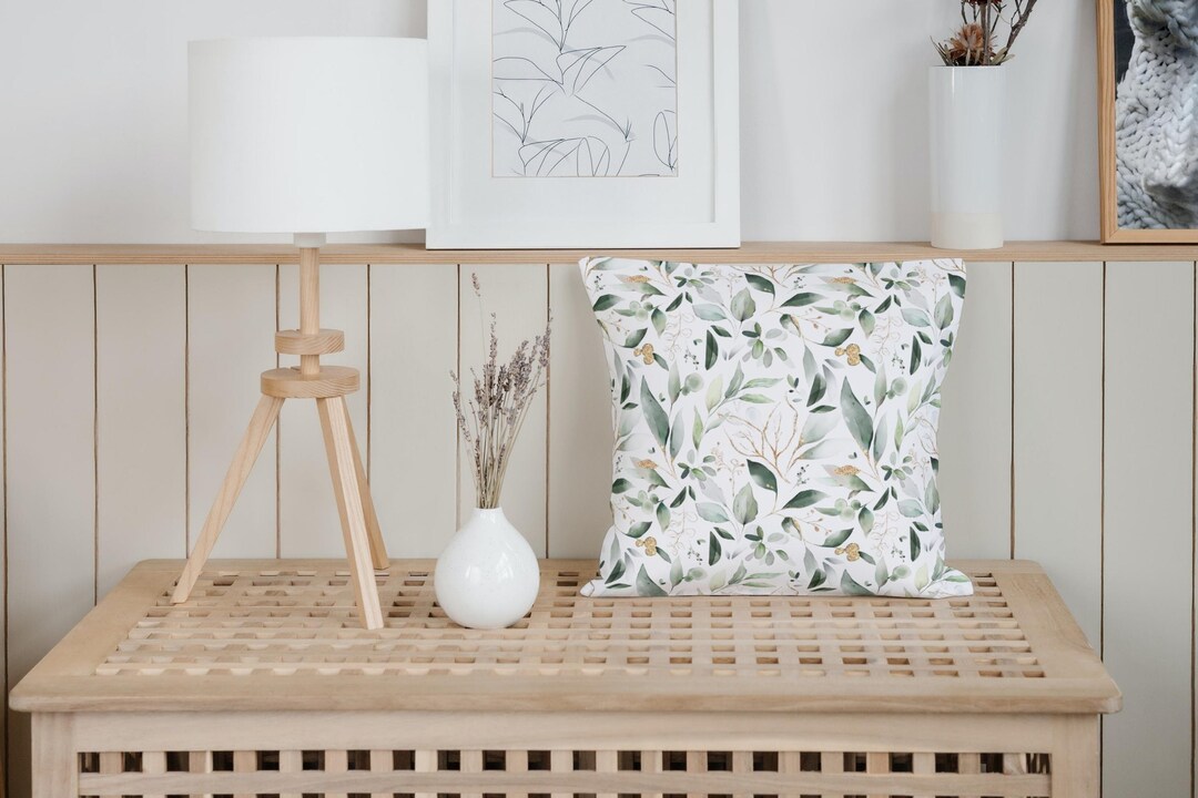 Botanical Cushion & Cover/green Gold Leaf Pattern/decorative Pillow ...