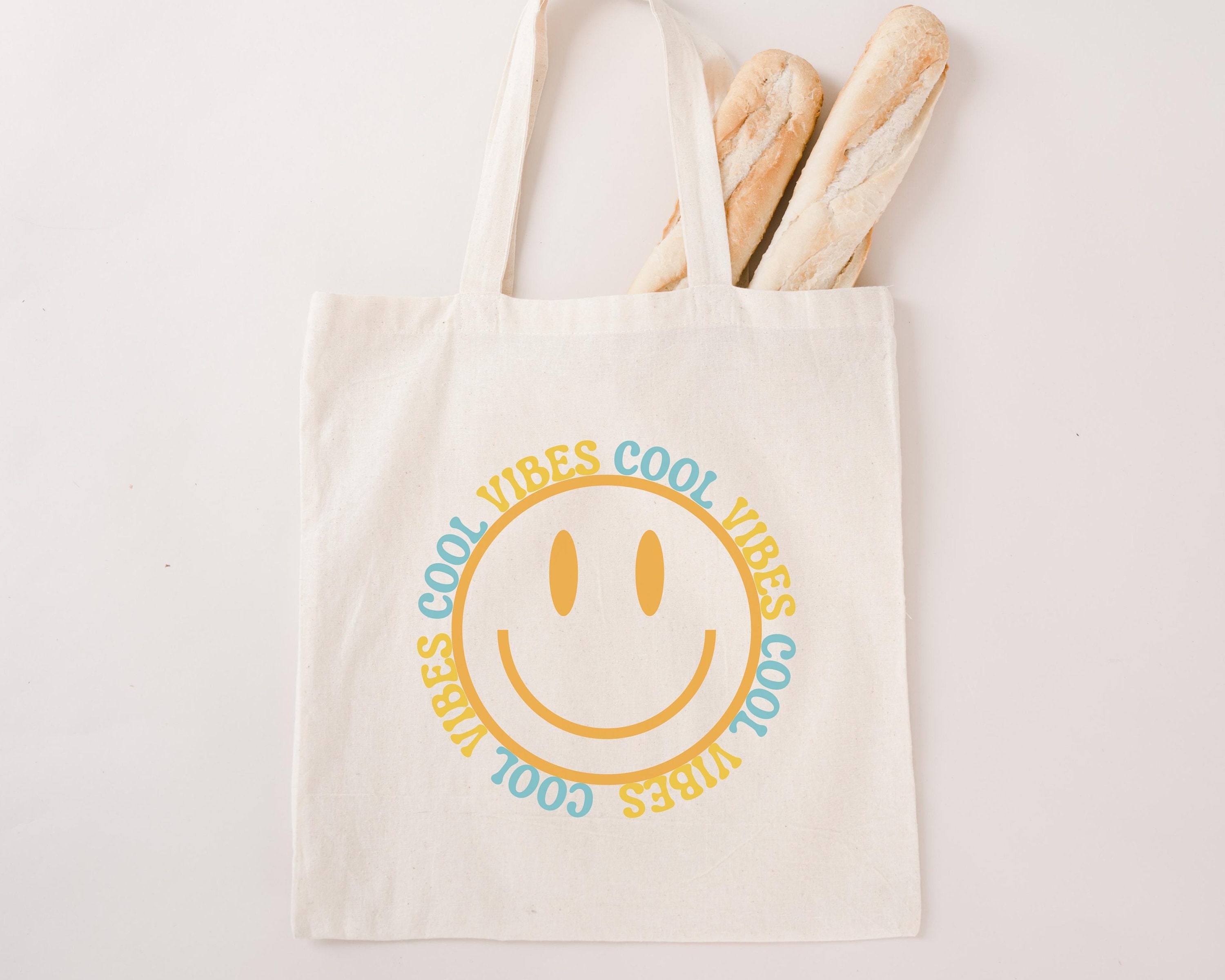 Smiley Face Tote Bag/cool Vibes Canvas Tote Bag/unique Bag - Etsy