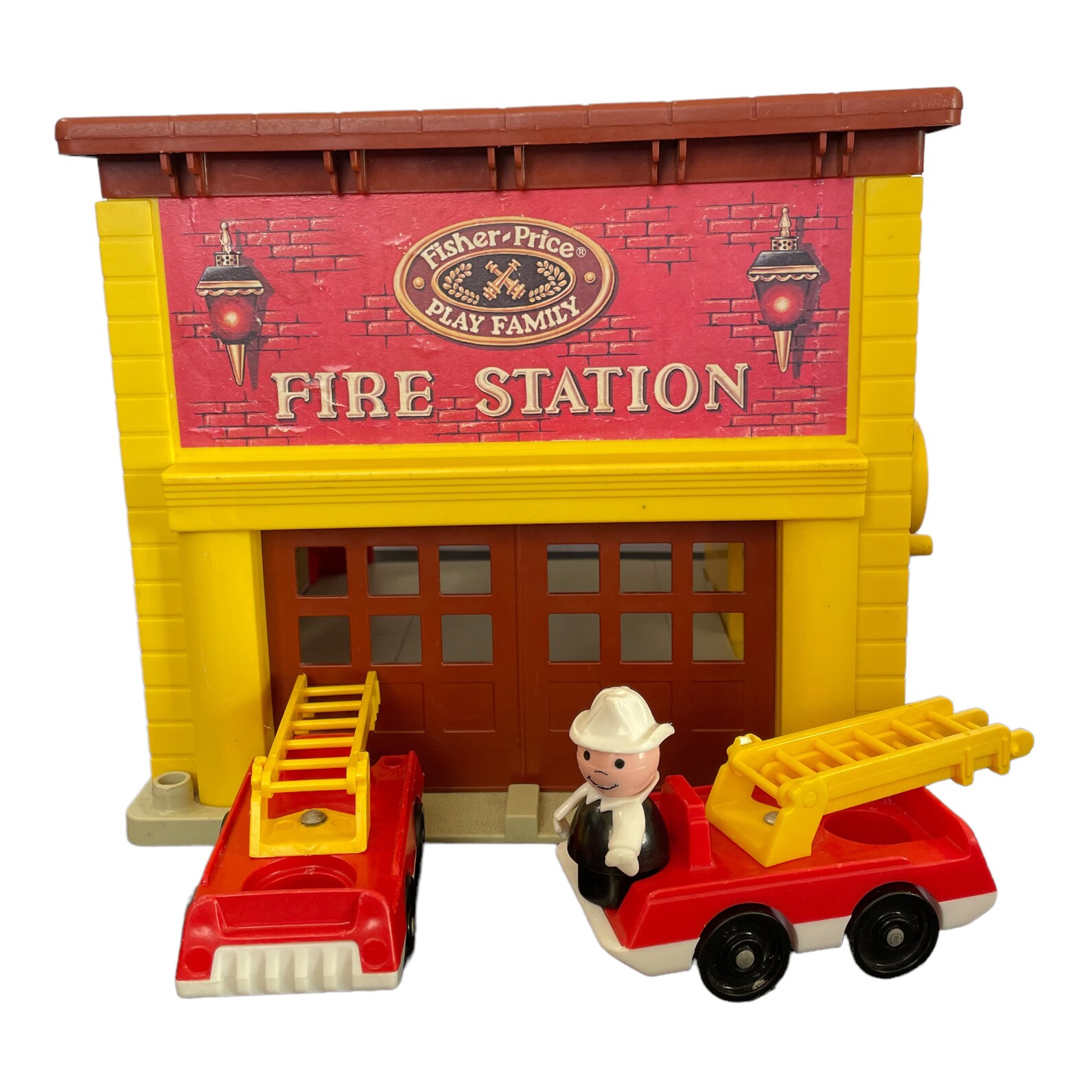 Vintage Fisher Price Red Fire Station Little People Fire Trucks Garage ...