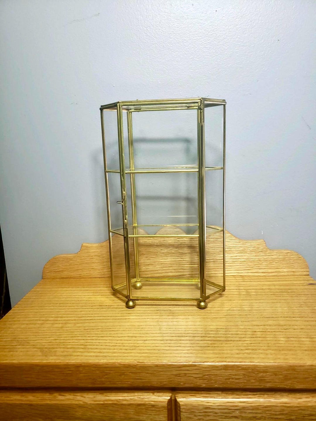 Vintage Brass Curio Glass Cabinet Two Shelves Wall Hanging Display Case ...