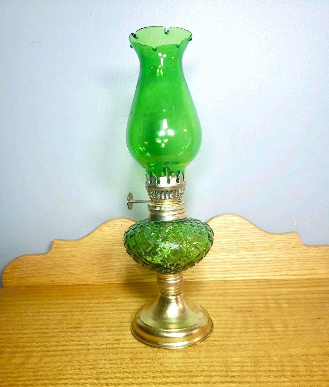 Vintage Green Glass Diamond Pattern Oil Lamp With Matching Green Glass ...