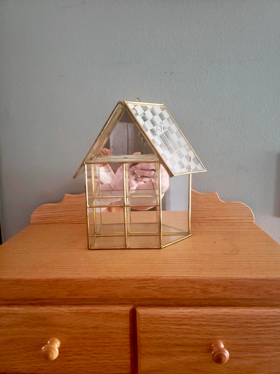 Vintage Brass Glass Mirror Curio Cabinet Mini House Display Case for the Wall or Table Shadow ...