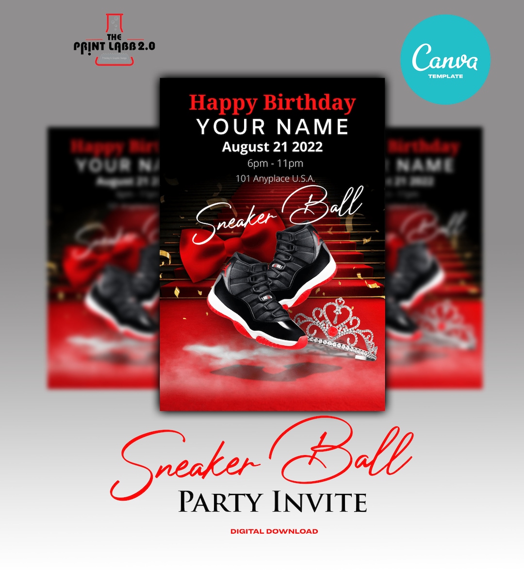 Sneaker Ball Birthday Invitation Template: Red and Black (printable ...