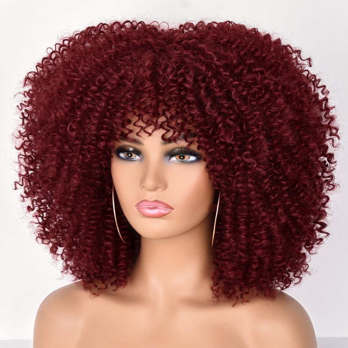 Short Curly Wig With Bnags For Black Women Red Wine Kinky Etsy