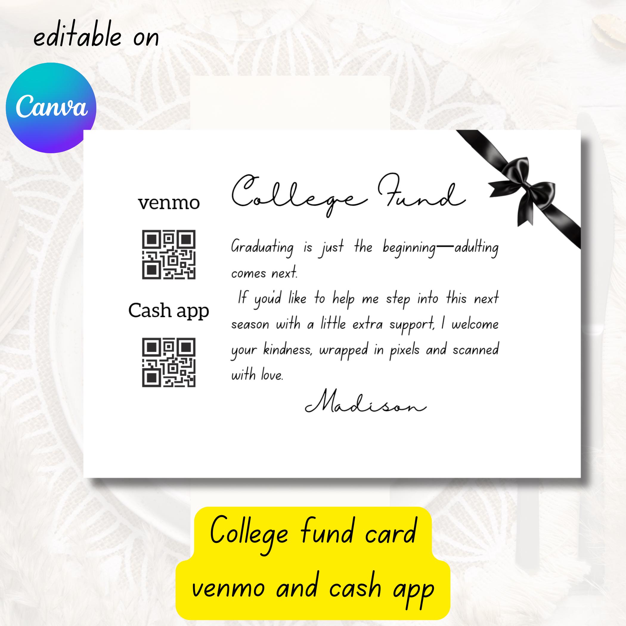 College Fund QR Code Card Venmo, Graduation Printable, Editable Canva ...