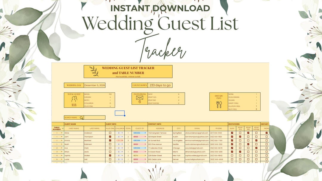 Wedding Guest List Tracker, RSVP Spreadsheet (google Sheets Template ...