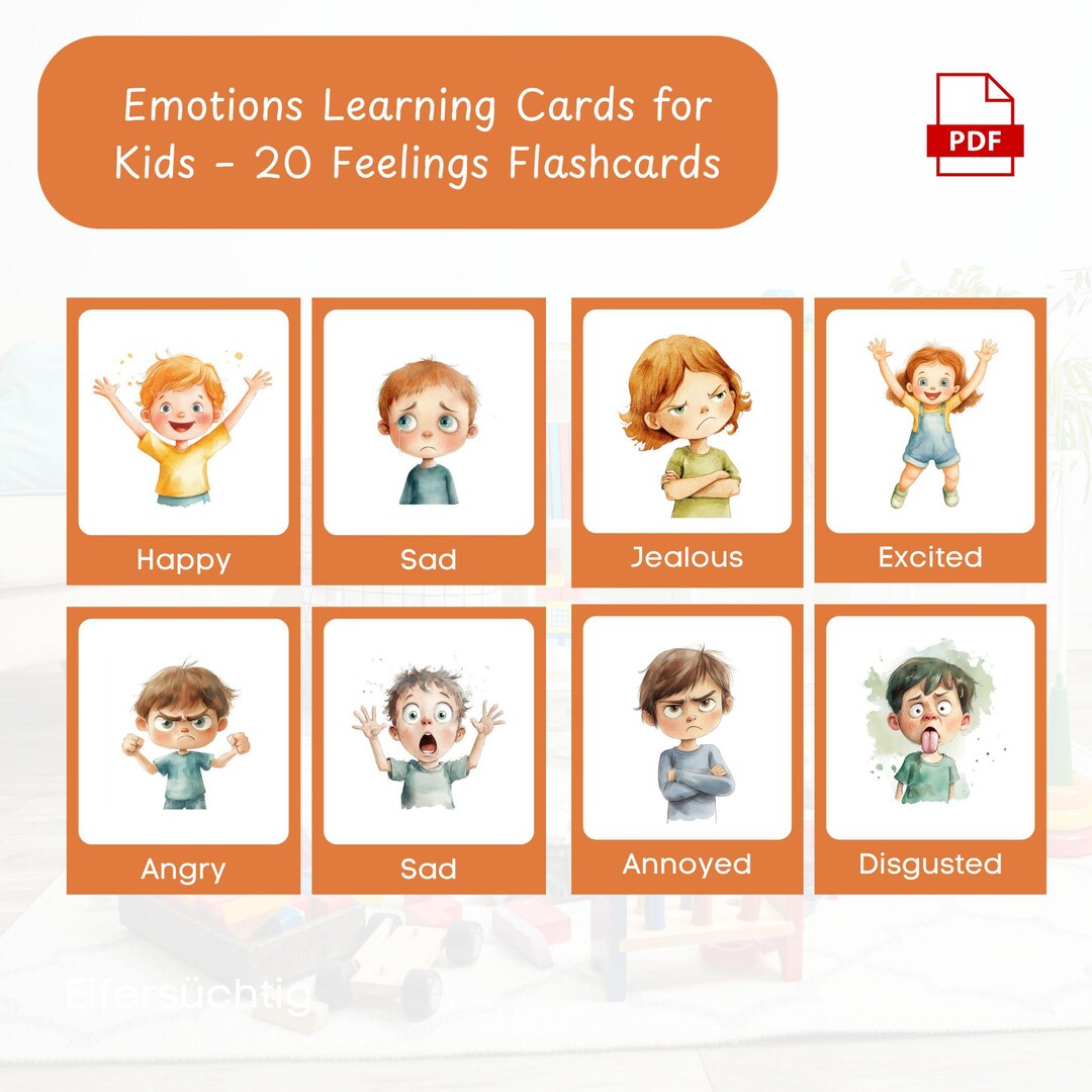Emotions Learning Cards for Kids – 20 Feelings Flashcards – Printable ...