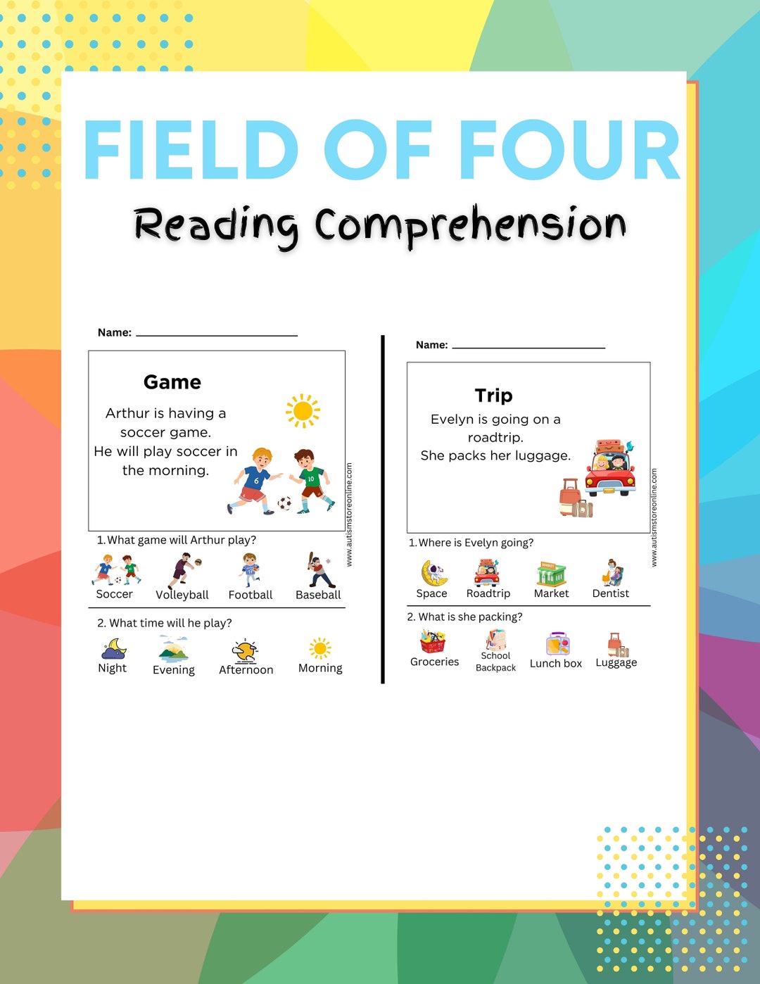 Field of Four, Reading Comprehension, Autism, Special Education Reading ...