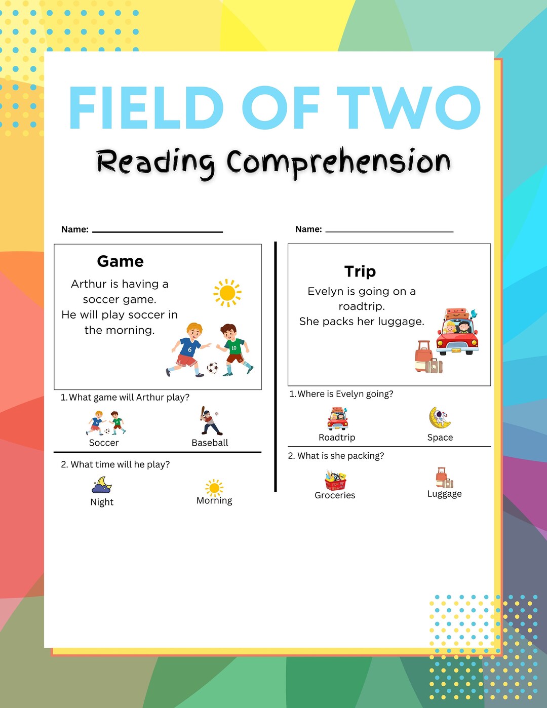 Field of Two Reading Comprehension, Reading Centers, Autism Reading ...