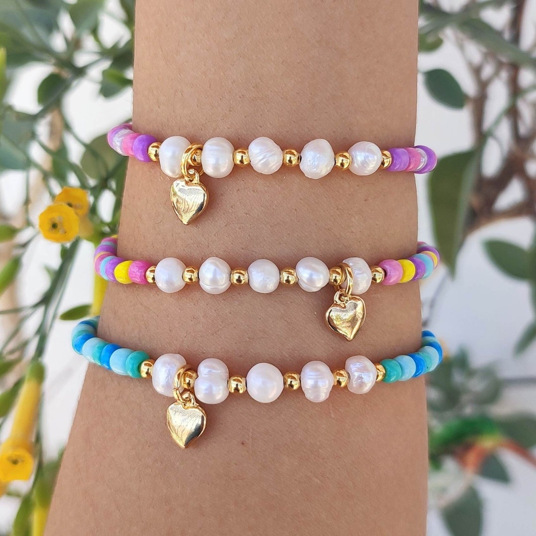 Bracelet of Natural Pearls and Beads. Pearl and Heart Bracelet. Multi ...