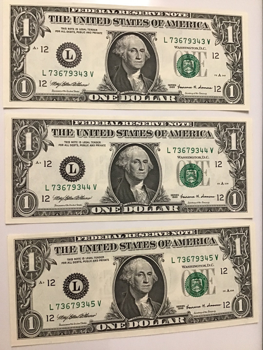 United States Banknotes 3 Consecutive 1999 USA, Crispy, Great Starter ...