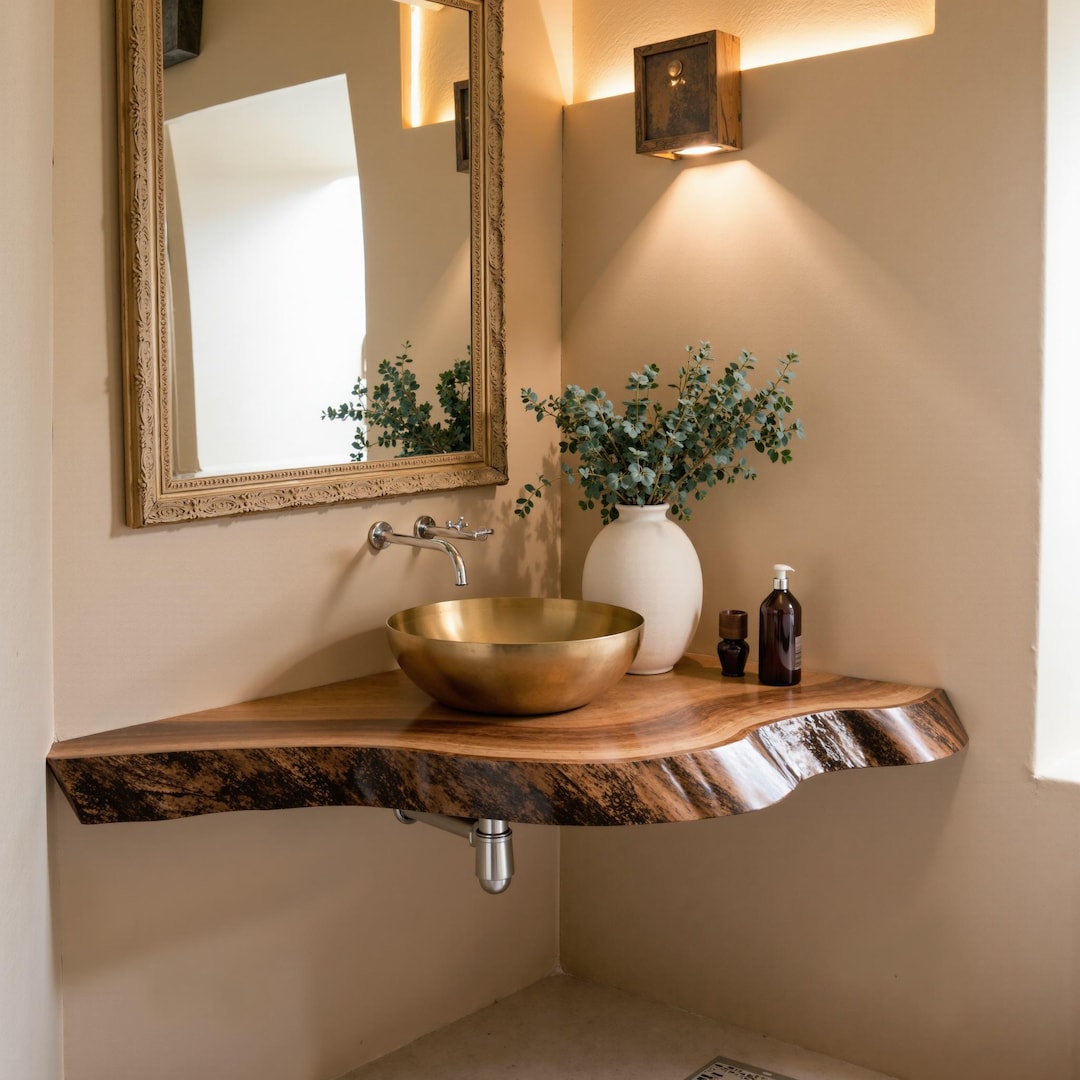 Handmade Live Edge Bathroom Vanity Shelf Rustic Vanity Corner Shelf ...