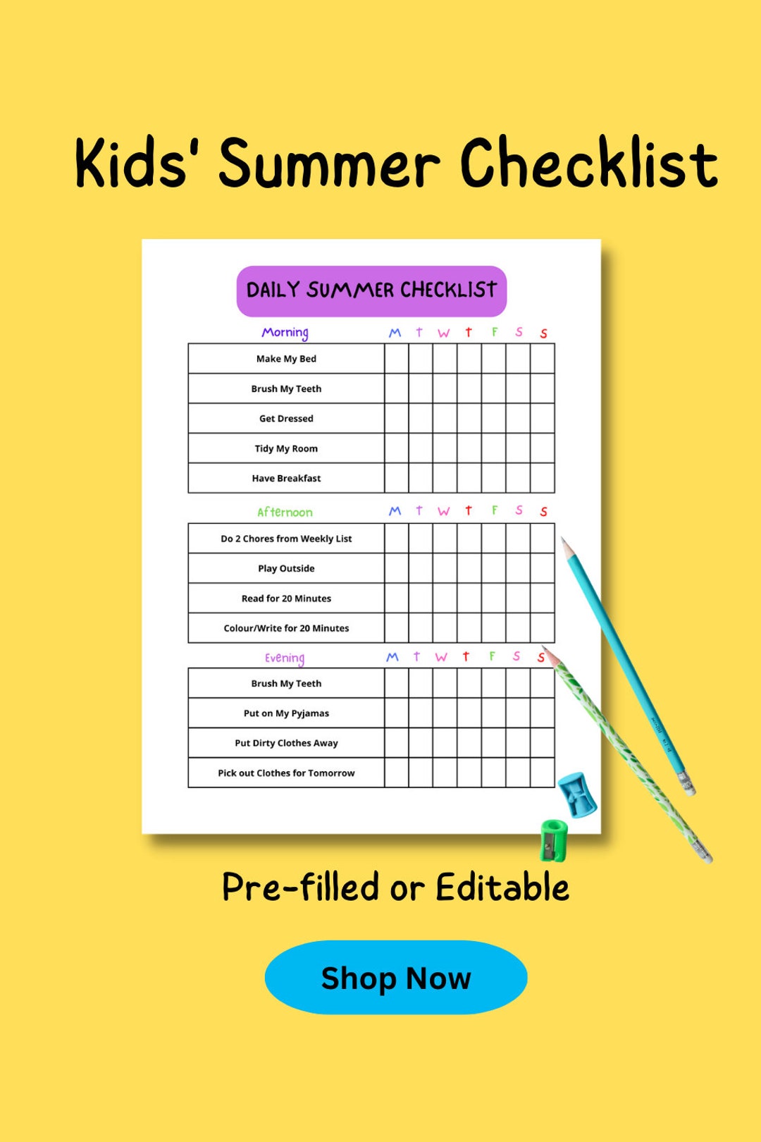 Printable & Editable Kids Summer Checklist | Summer Routine Chart ...