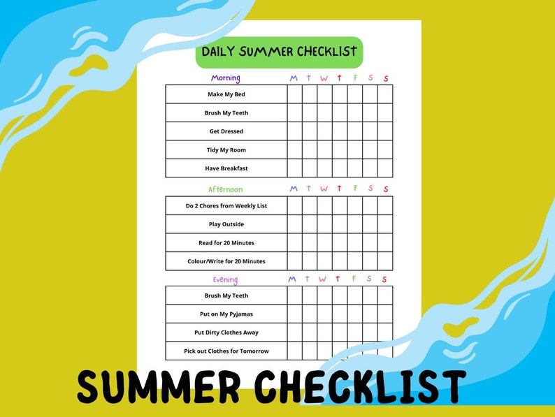 Printable & Editable Kids Summer Checklist | Summer Routine Chart ...