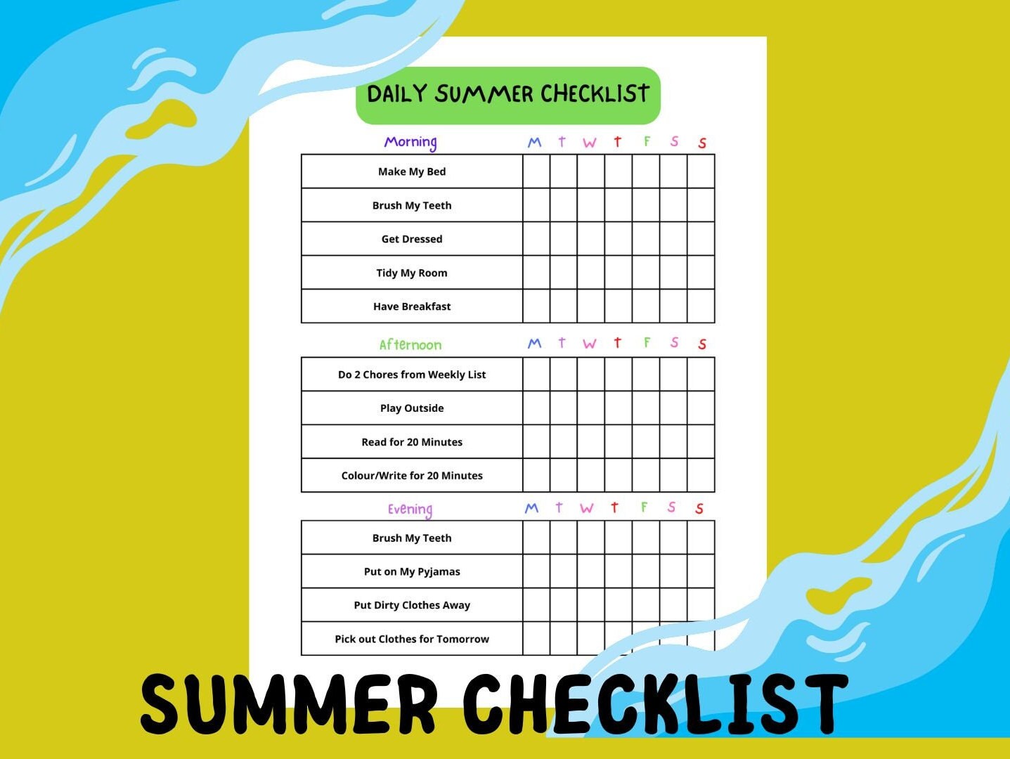 Printable & Editable Kids Summer Checklist | Summer Routine Chart ...