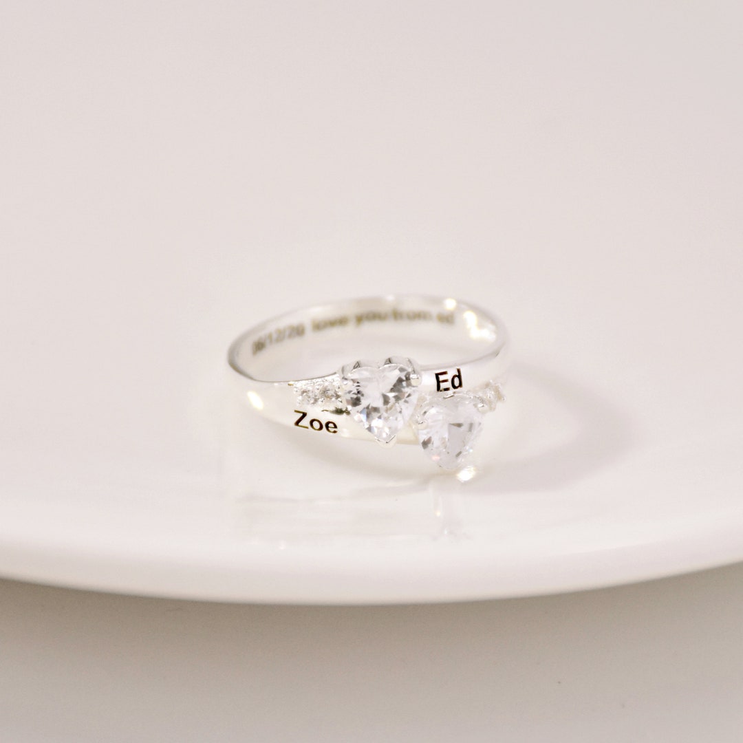 Double Heart Birthstone Ring, Personal Engraving Ring, Heart Shaped ...