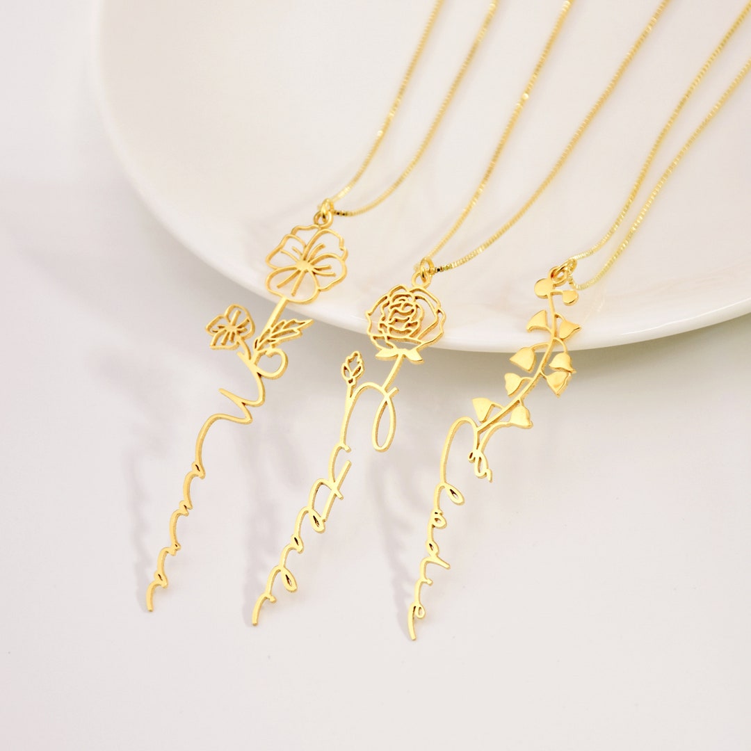 Floral Name Necklace, Custom Birth Flower Name Necklace, Dangle Name ...