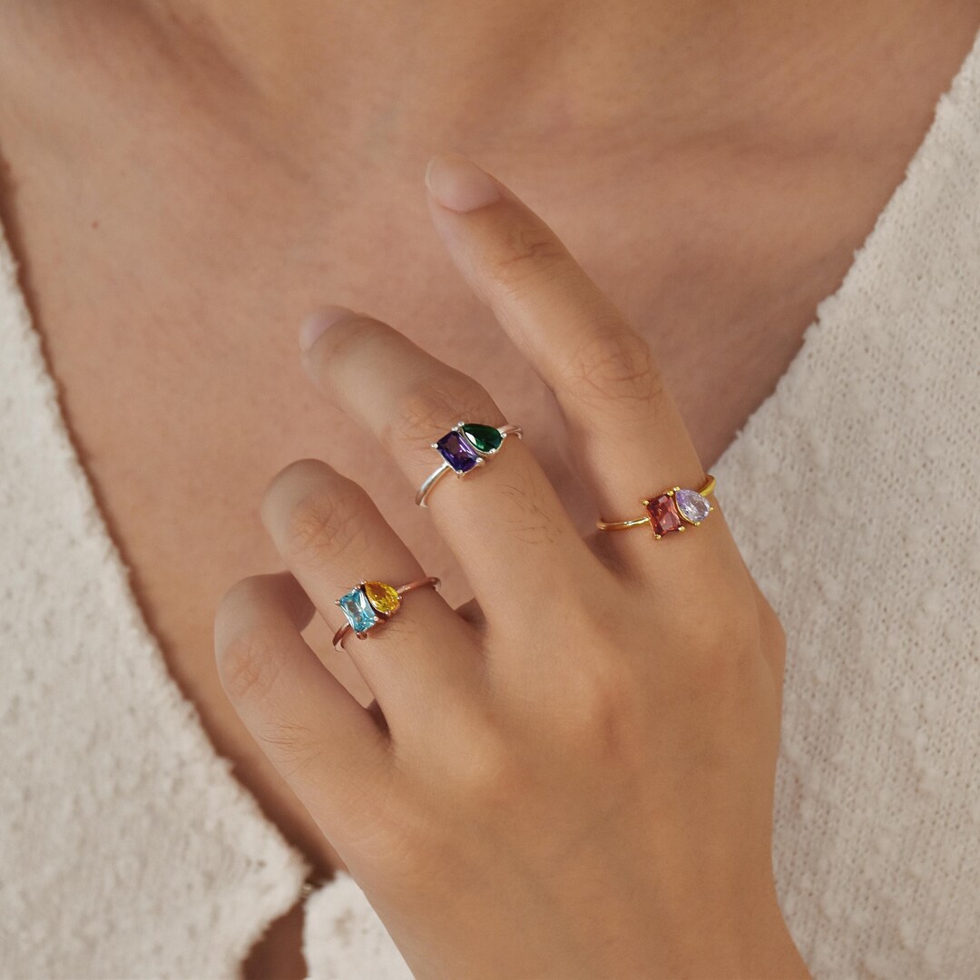 Two Stone Ring, Unique Family Birthstone Ring, Emerald and Pear Cut ...