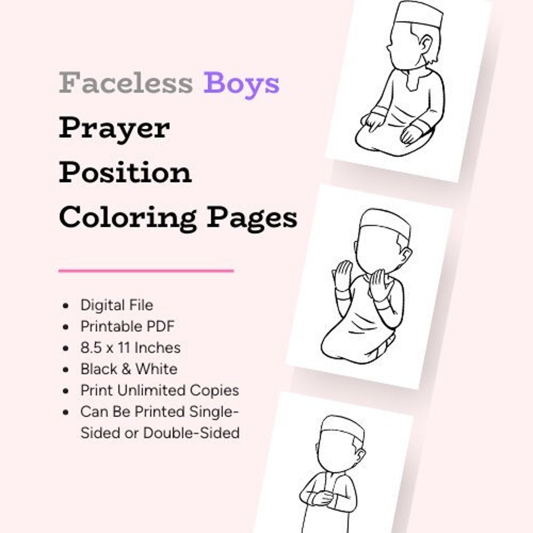 Muslim Boys Prayer Coloring Pages | Faceless Figures in Salat Positions ...