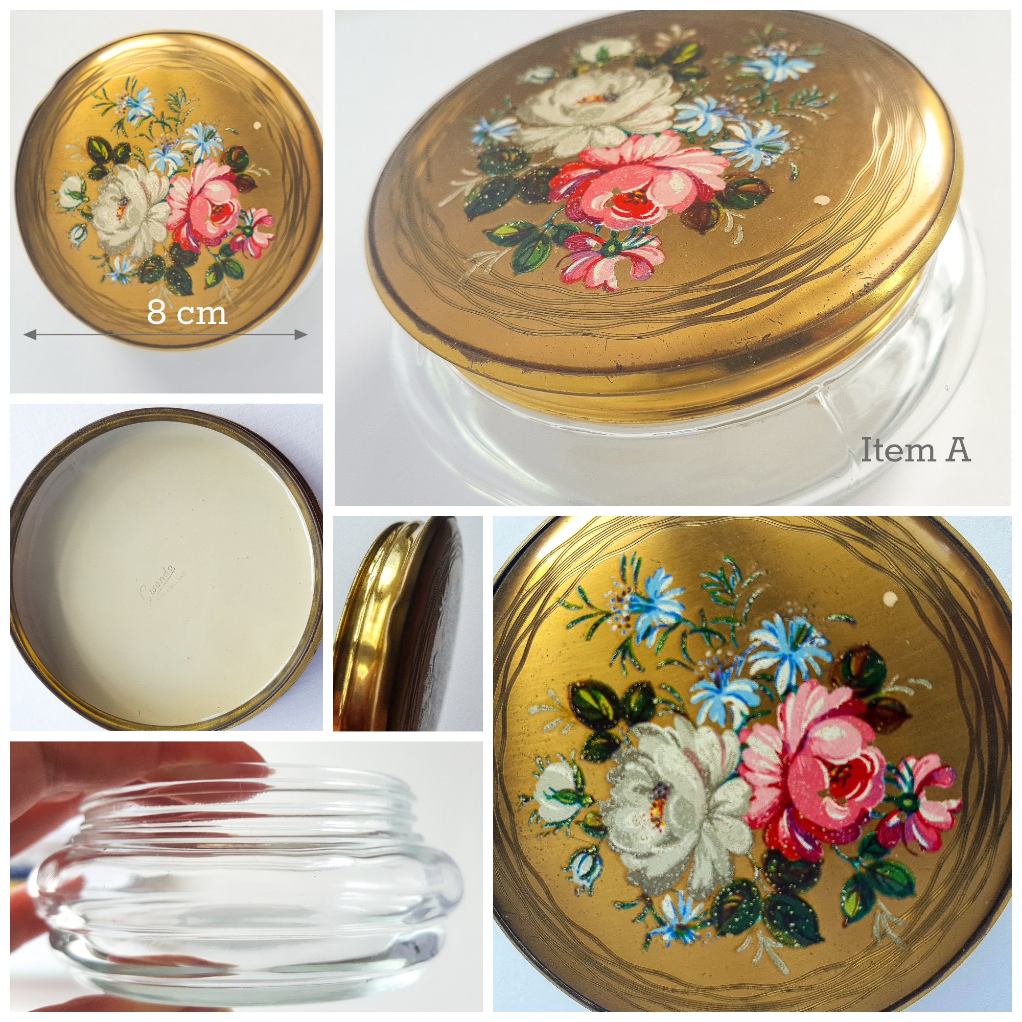 Vintage Glass Dressing Table Powder Pot, by Gwenda With Hand Painted ...