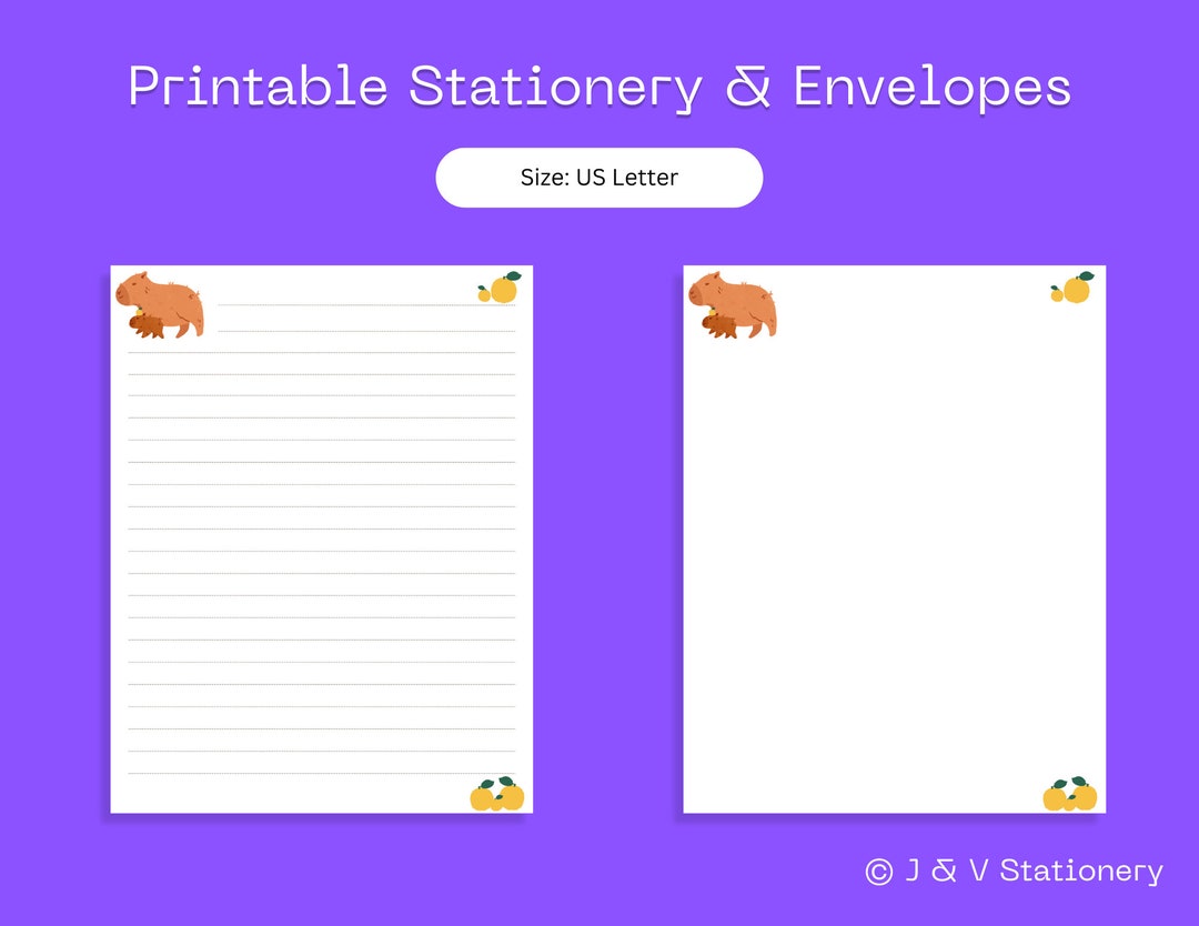 Capybara Printable Stationery/envelope US Letter 8.5x11 in Lined ...