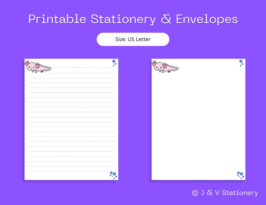 Axolotl Printable Stationery/envelope US Letter 8.5x11 in Lined ...