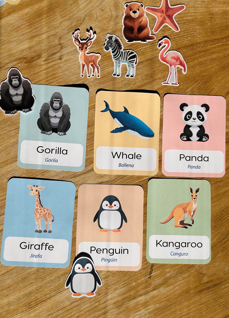 50 Animals Flash Cards With Matching Stickers English and Spanish ...