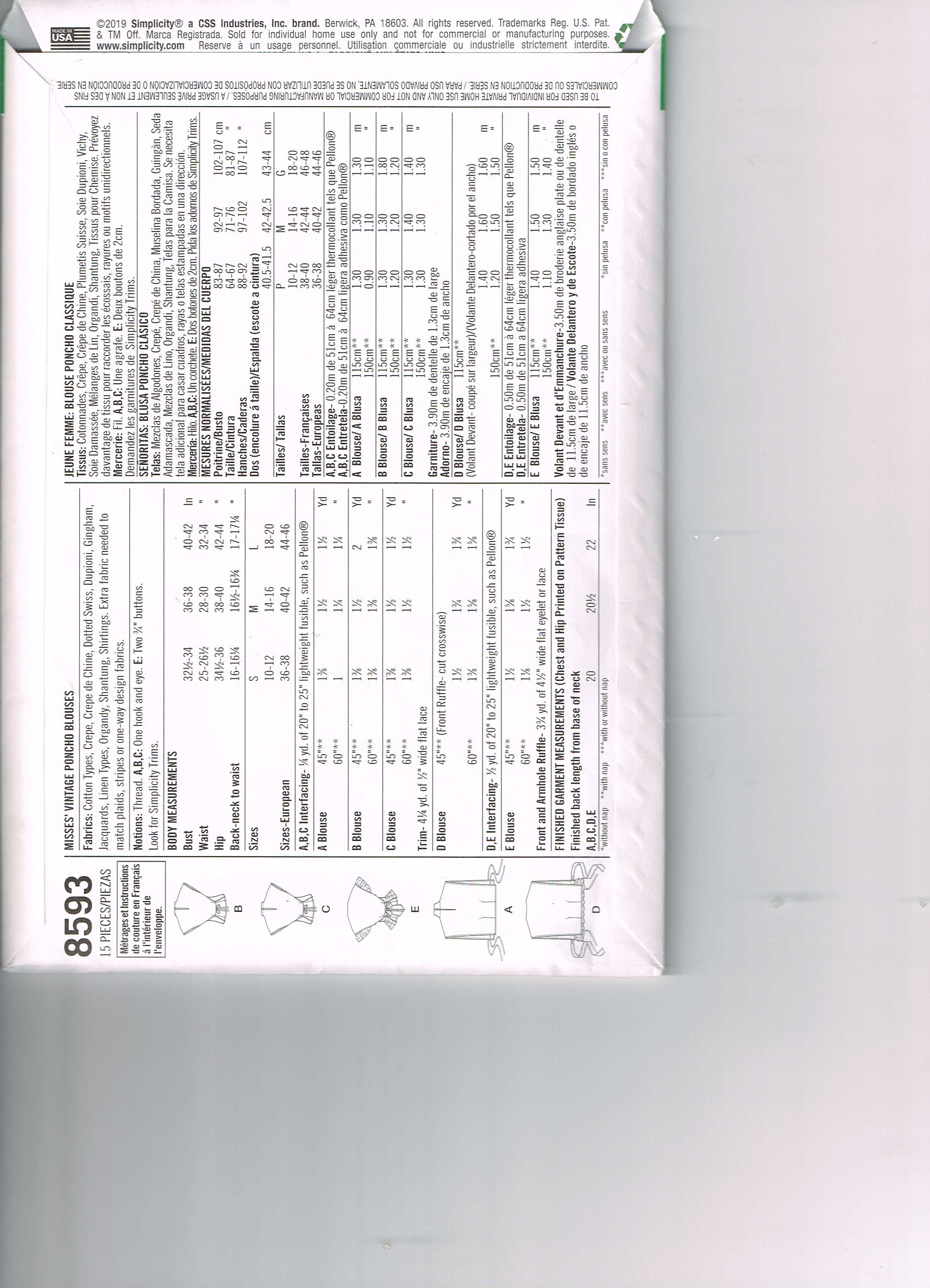 NEW Simplicity 8593 1940's Vintage Style Poncho Blouses for Sizes S-L ...