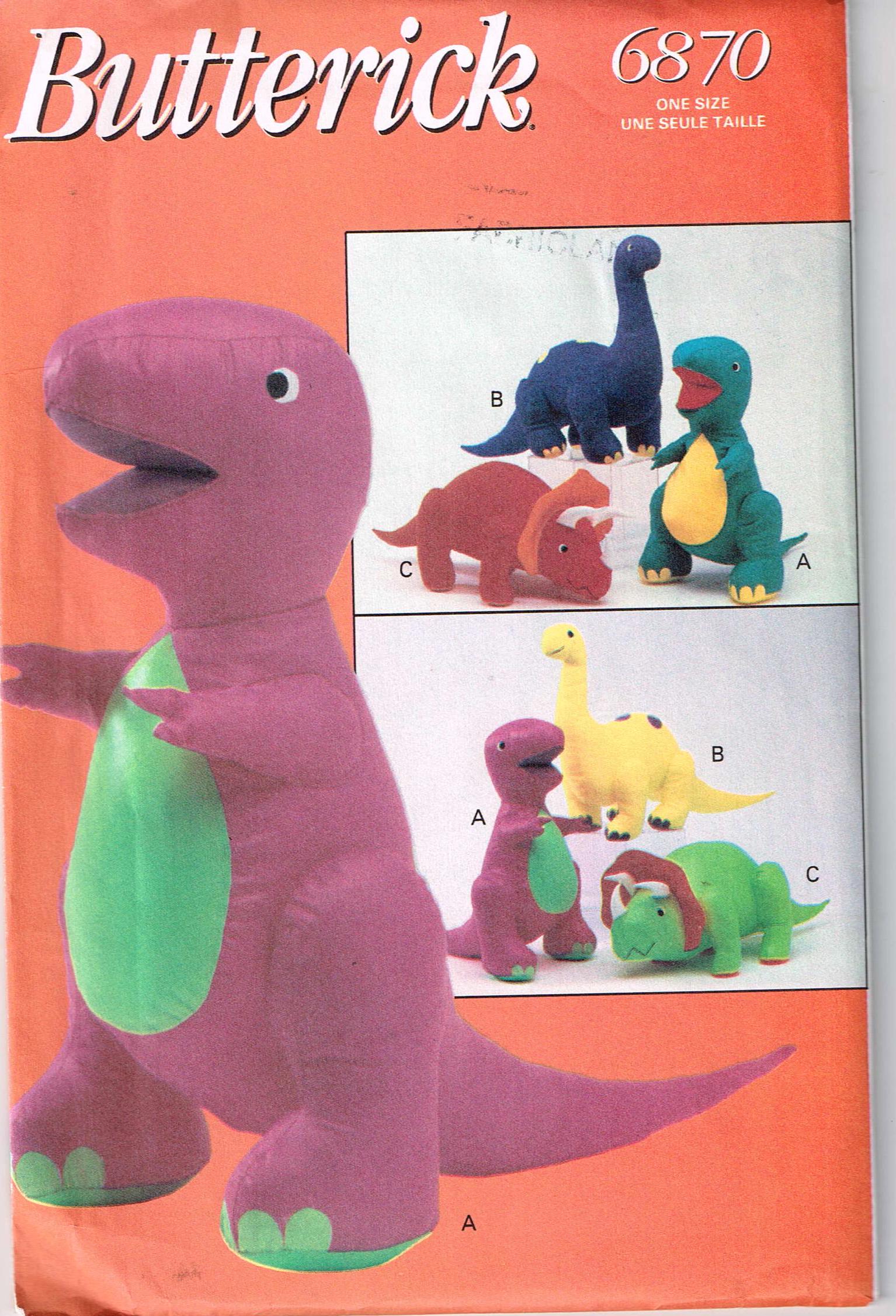 Butterick 6870 (uncut) Barney and Friends Look-a-like Dinosaur Trio ...