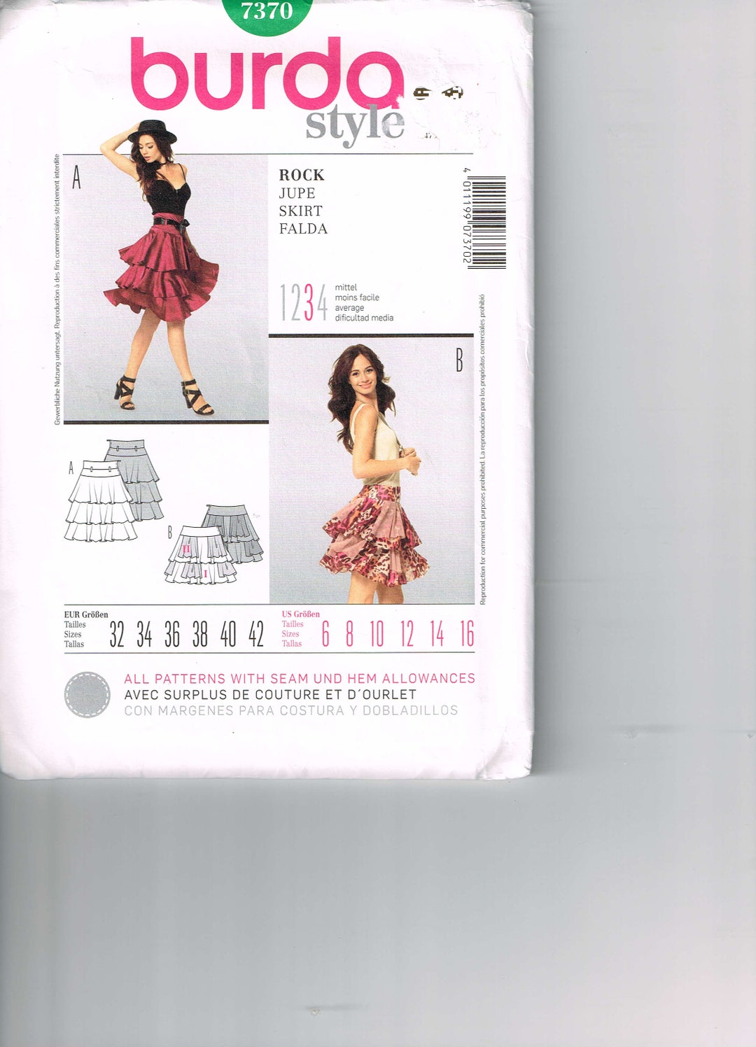 Burda Style Sewing Pattern 7370 Tiered Skirt in 2 Lengths, Sizes 6 to ...