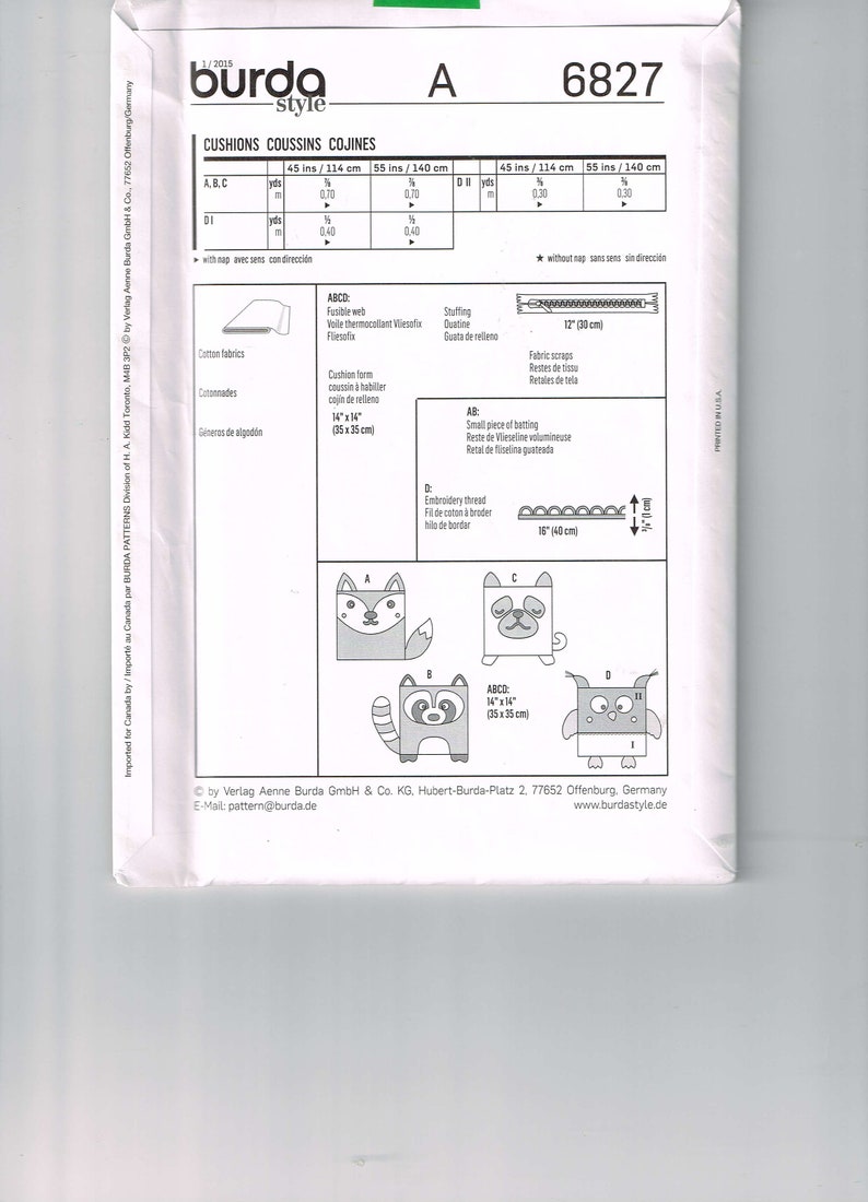 Burda Easy Style Pattern 6827 Animal Cushions - Etsy