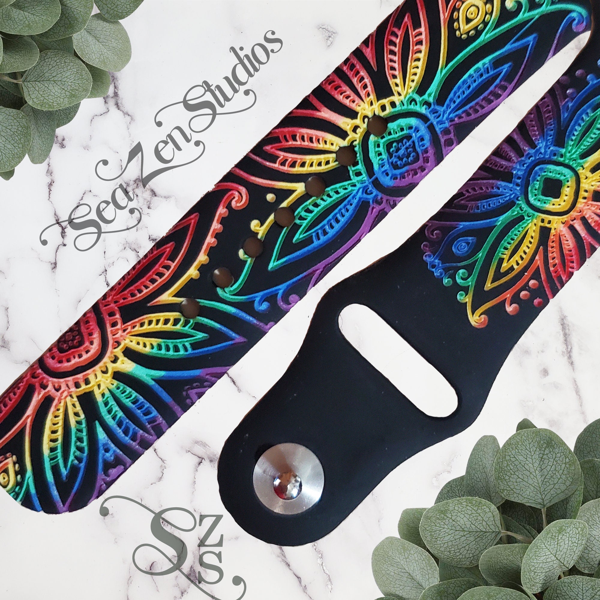 Henna Rainbow Soft Silicone Engraved Watch Band for Watch Series 10/9/8 ...