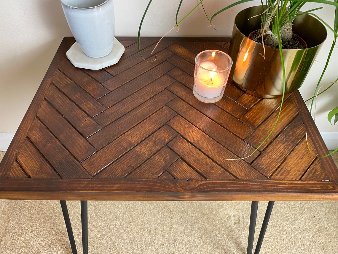 Up-cycled Herringbone Side Table With Hairpin Legs, Coffee, Table ...