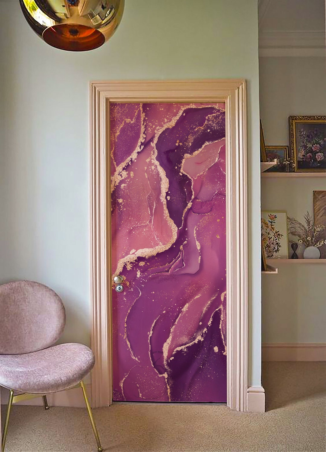 Hand Drawn Marble Door Mural, Purple Door Cover Sticker, Peel and Stick ...