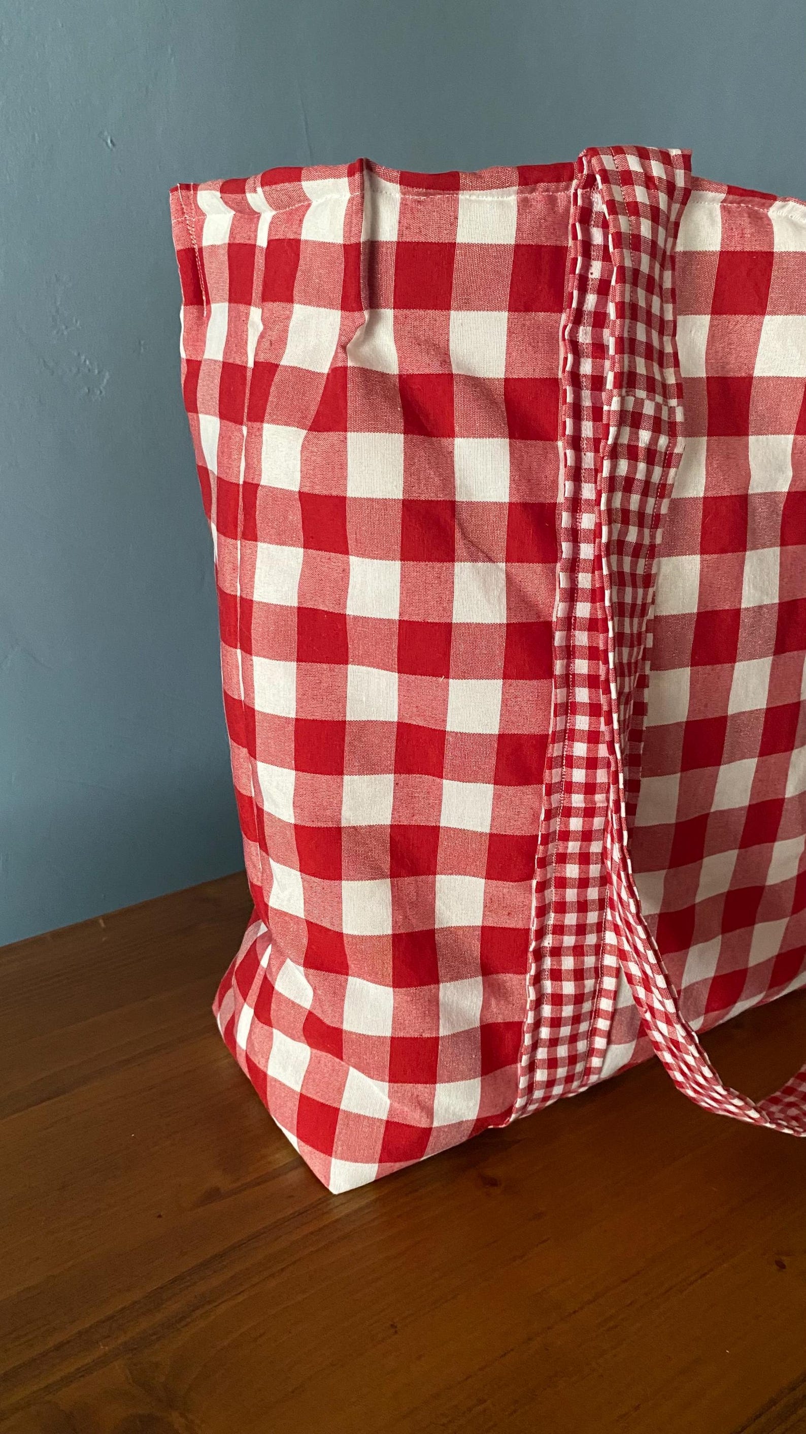 Handmade Gingham Tote Bag: Red Checkered Cotton Vintage Shopper - Etsy