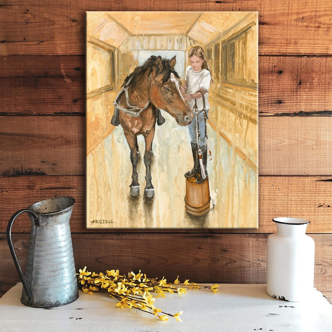 Young Girl Saddling Her Horse While Standing on Bucket Giclee Wall Art ...