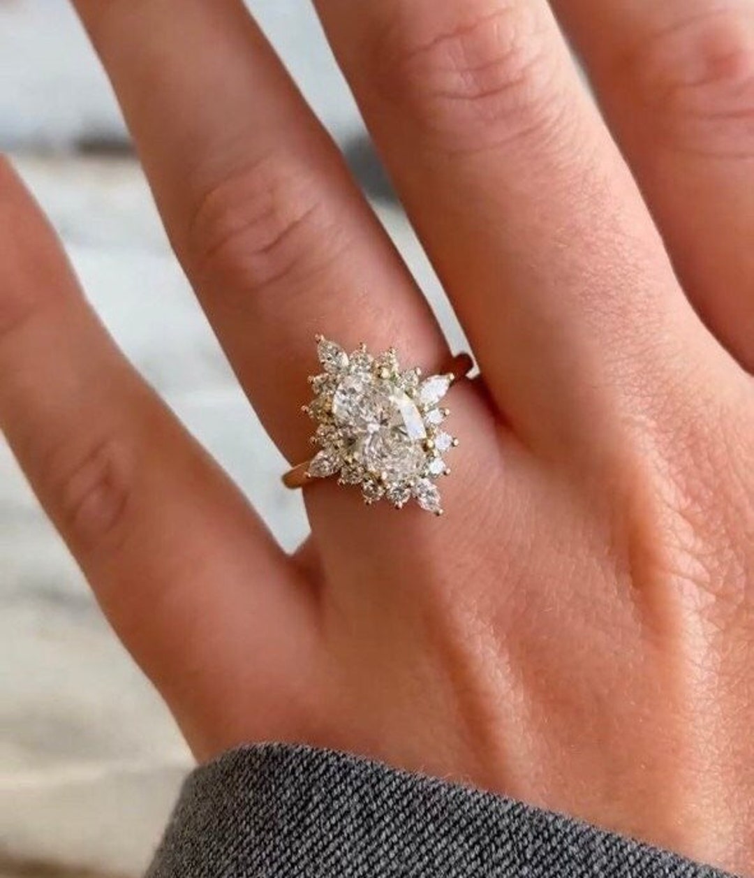Oval Moissanite Starburst Engagement Ring, Art Deco Starburst Ring ...
