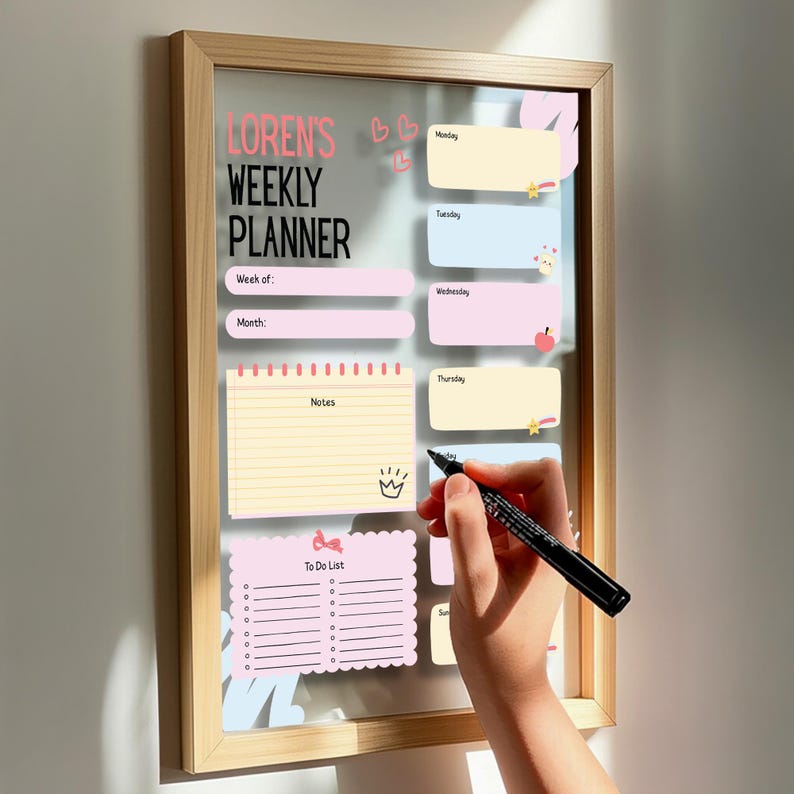 Personalized Kids Acrylic Weekly Planner With Frame – Dry Erase ...