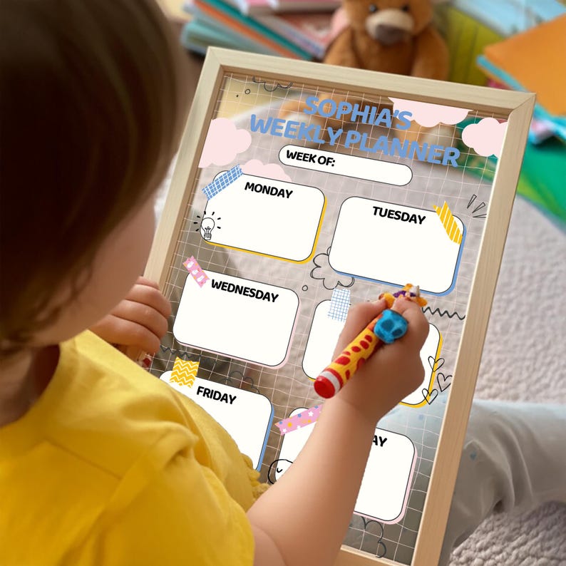 Personalized Kids Acrylic Weekly Planner With Frame – Dry Erase ...