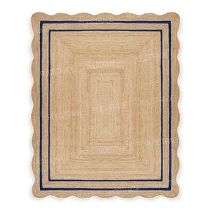 Jute Rug Blue Wavy Edge Jute Scallop Rug, Bohemian Jute Rug, Natural ...