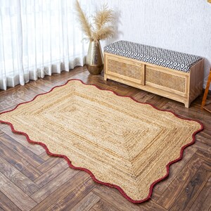 Scalloped Jute Rug Rustic Red Wave Edge Jute Rug, Jute Scalloped Rug ...